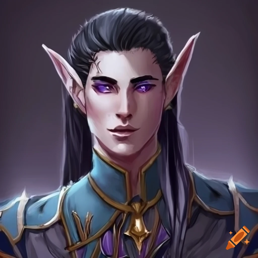 High elf with black hair and violet eyes in dnd beyond style on Craiyon