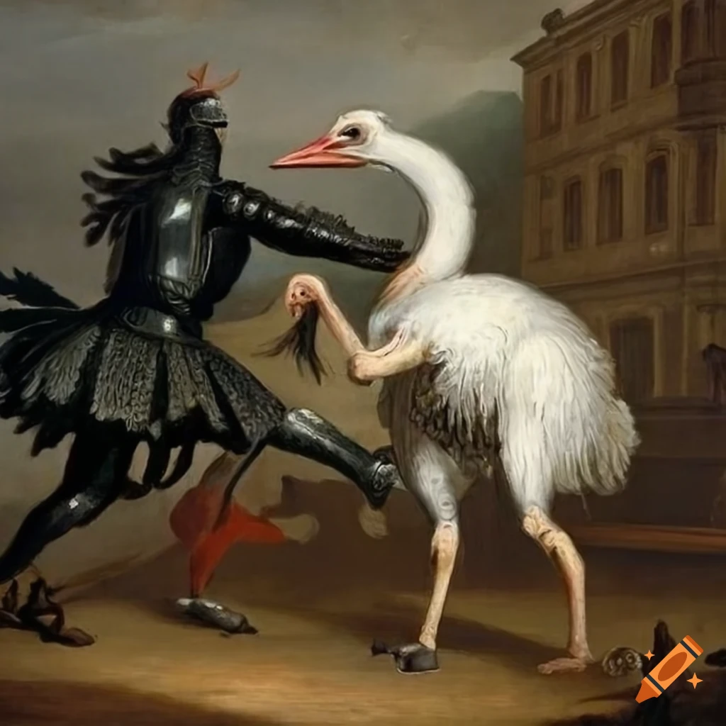 Grinning ostrich fighting a dark knight and horse in xviiith century ...