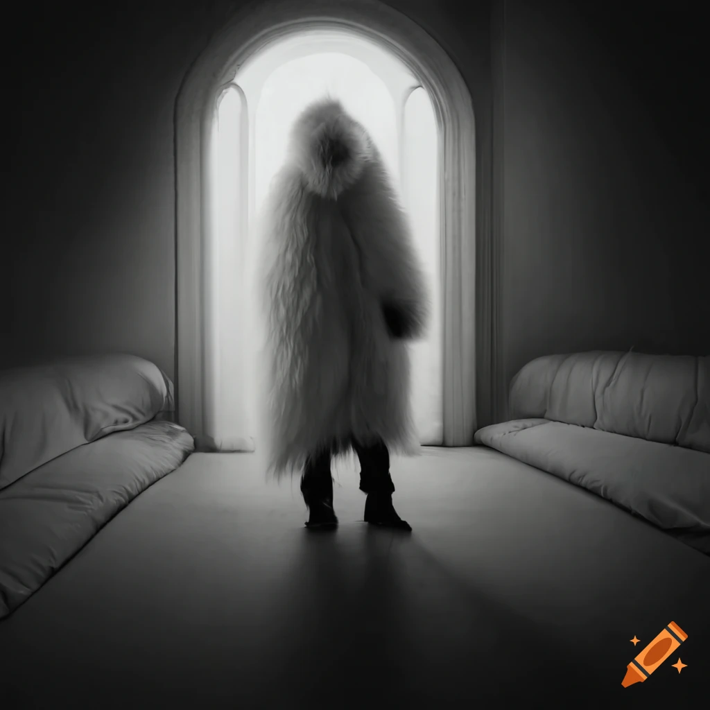 Man wearing white fur in a surreal padded white room on Craiyon