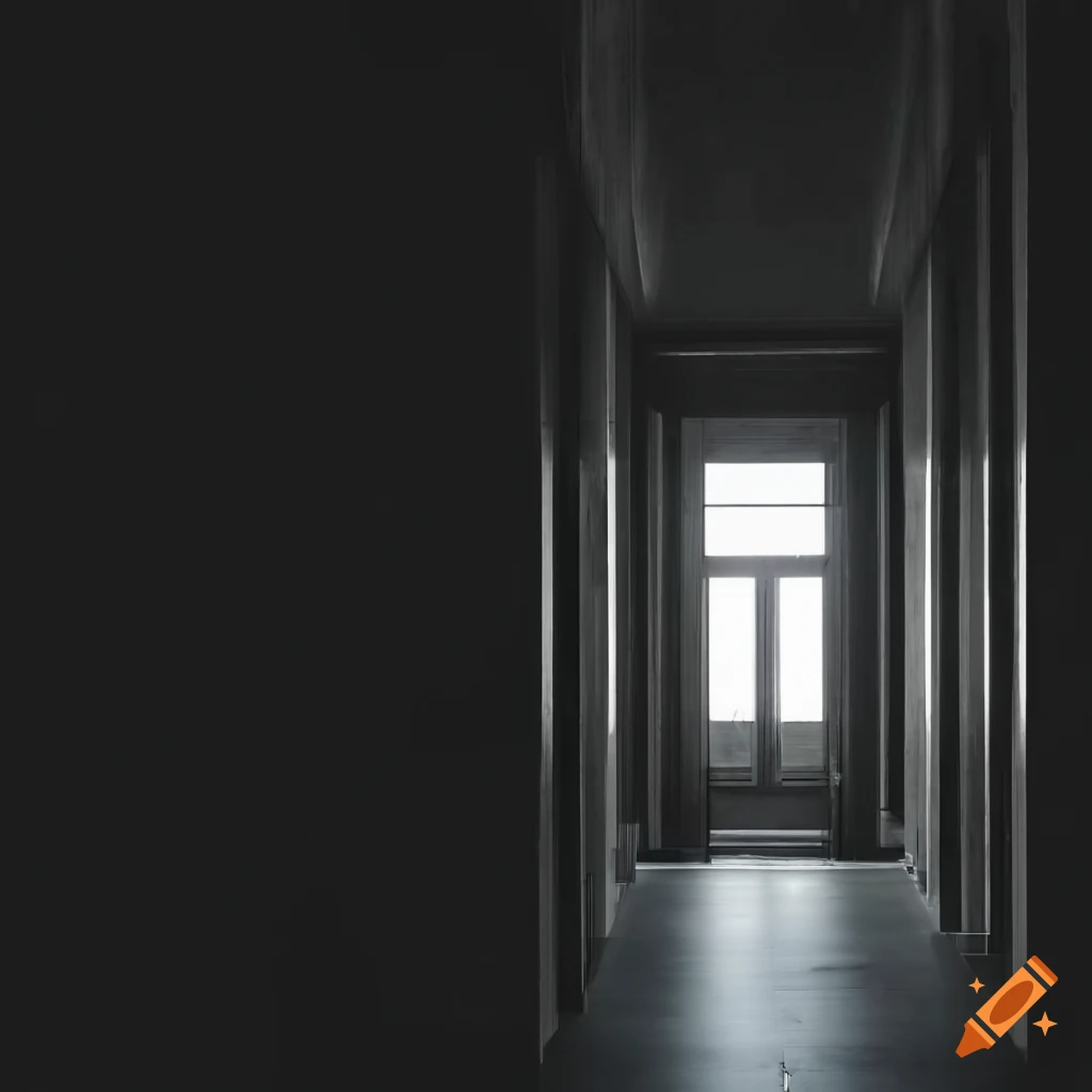 Dark corridor with doors and light playing with shadows in the style of ...