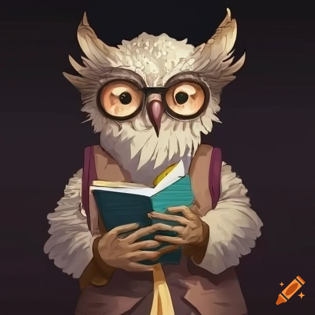 Wise old owl humanoid holding books under wing with glasses and vest on ...