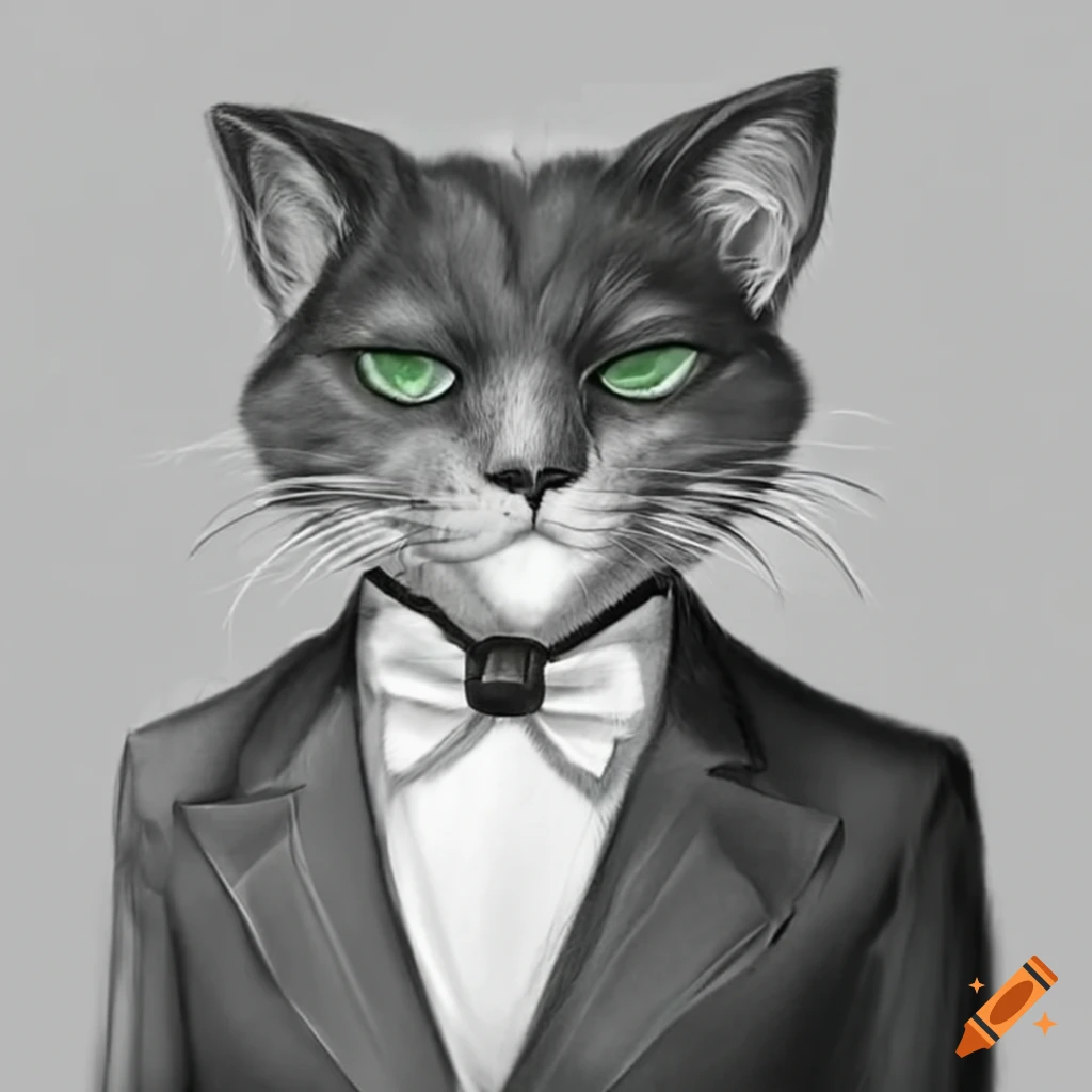 Confident tuxedo-wearing feline furry in the spotlight on Craiyon