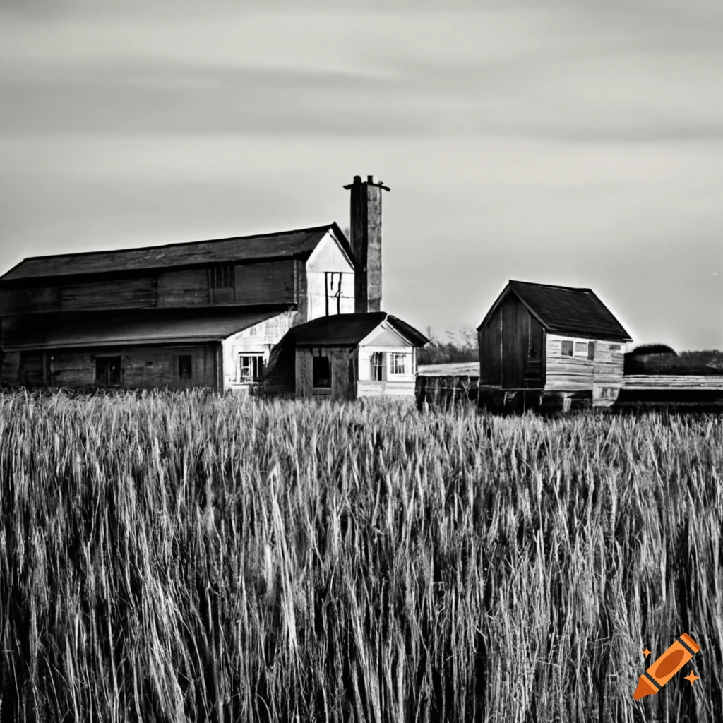 Vintage black and white photo of an american farm in the 1930s on Craiyon