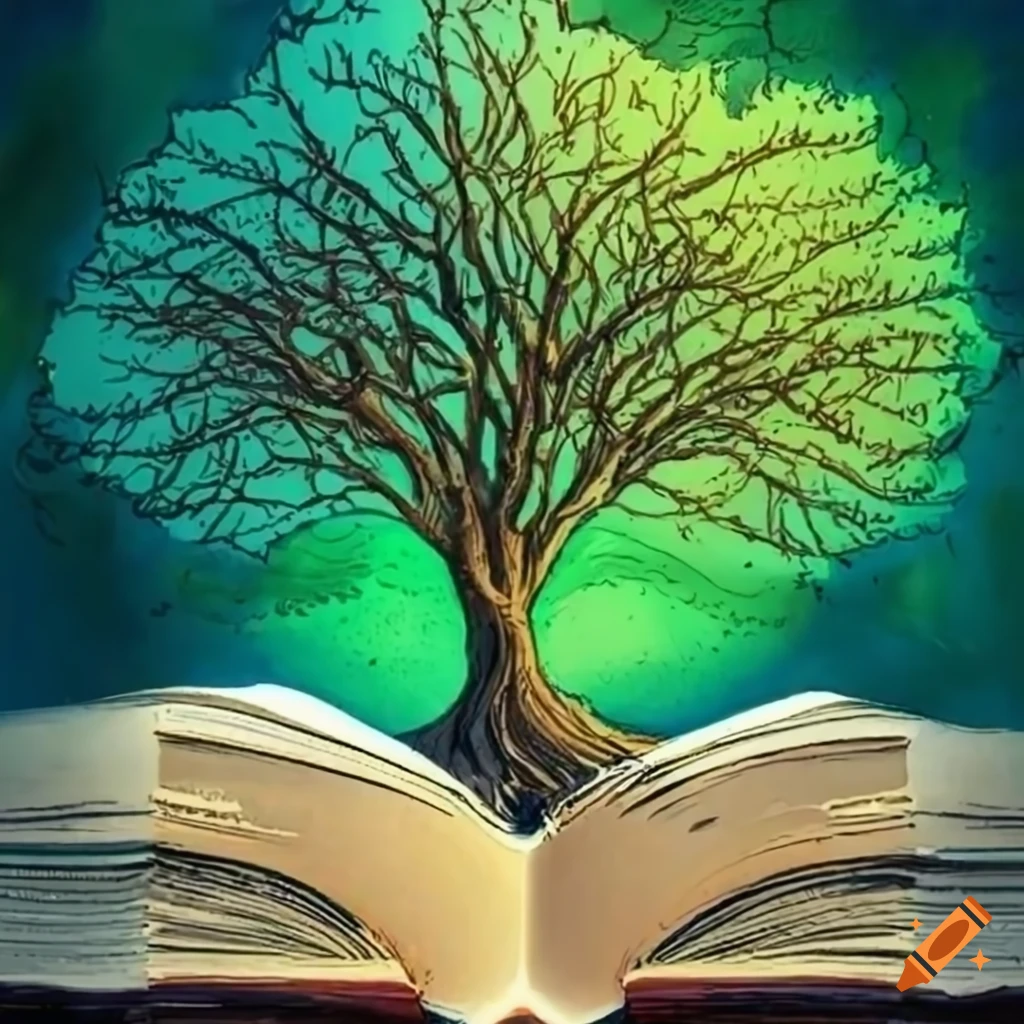 Beautiful tree growing out of a big open book in a green, brown, and ...