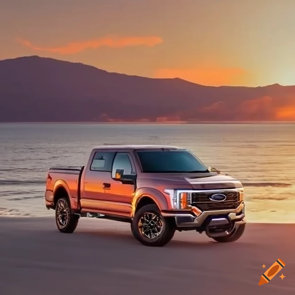 Ford f-150 with bay in the background during sunset on Craiyon