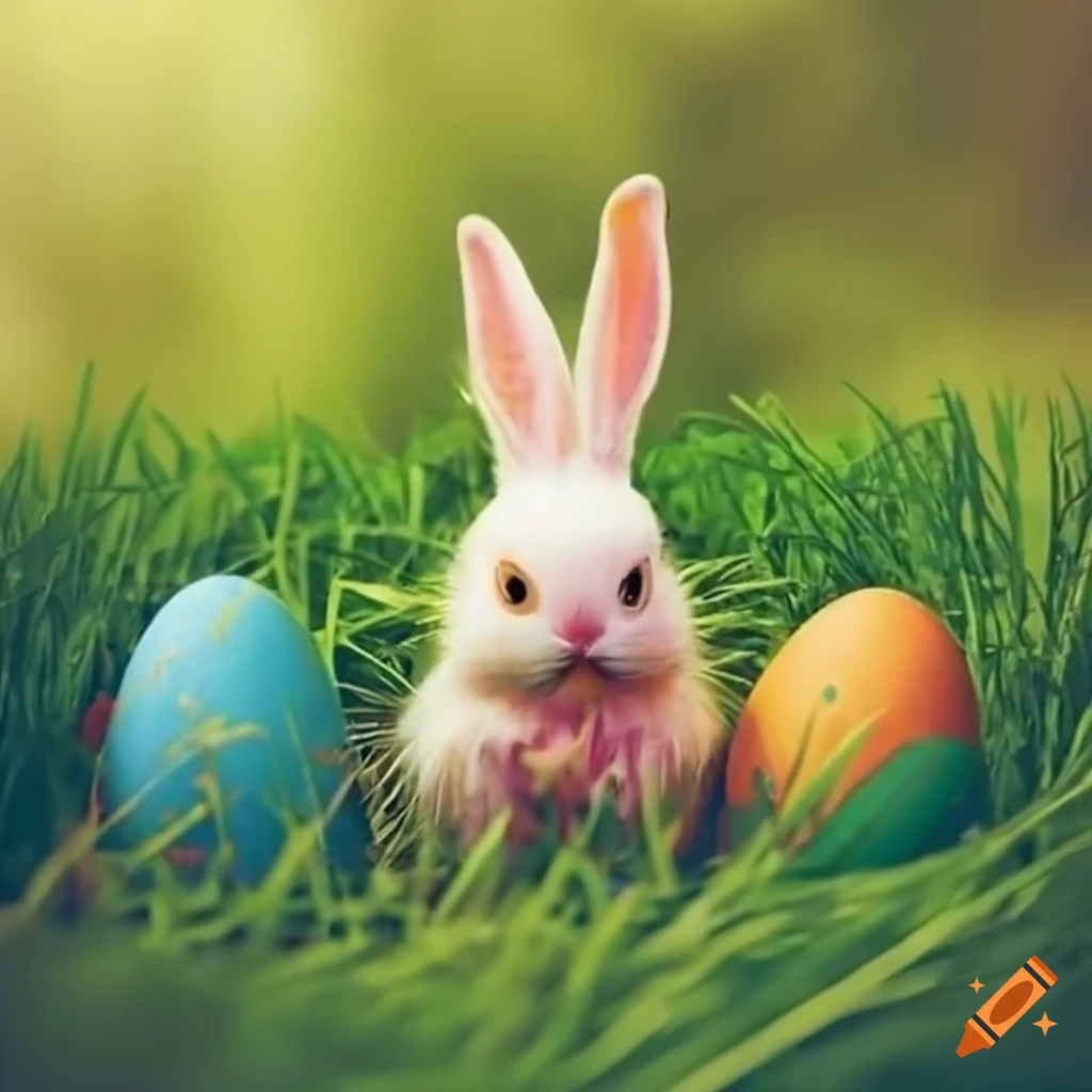 Easter bunny, colorful eggs, and chickens in the grass on Craiyon