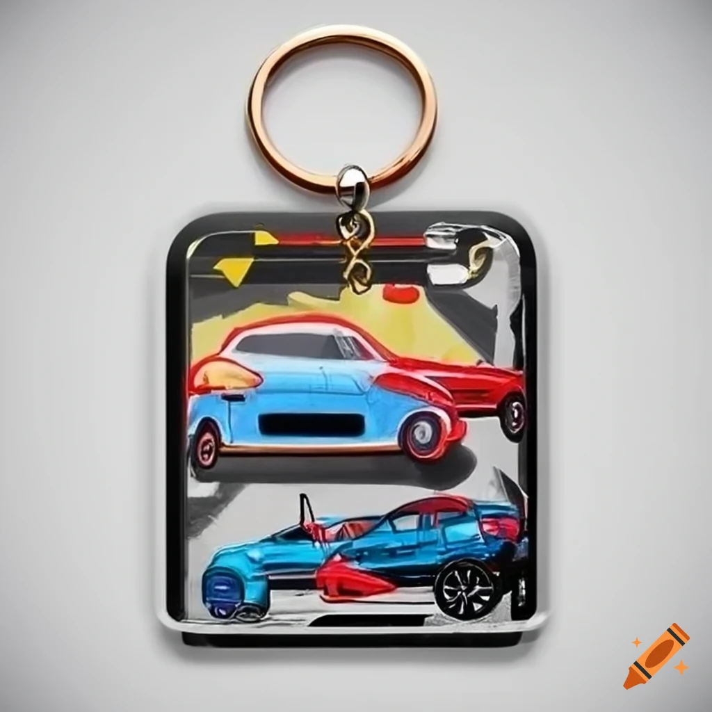 Acrylic rectangle keychain with car race and road design on Craiyon