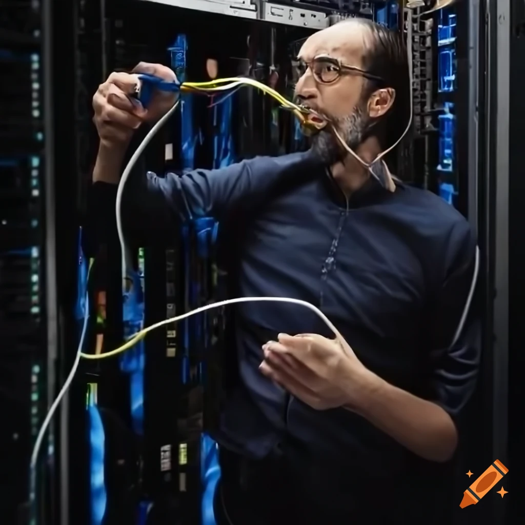 A man with cables in a server room on Craiyon