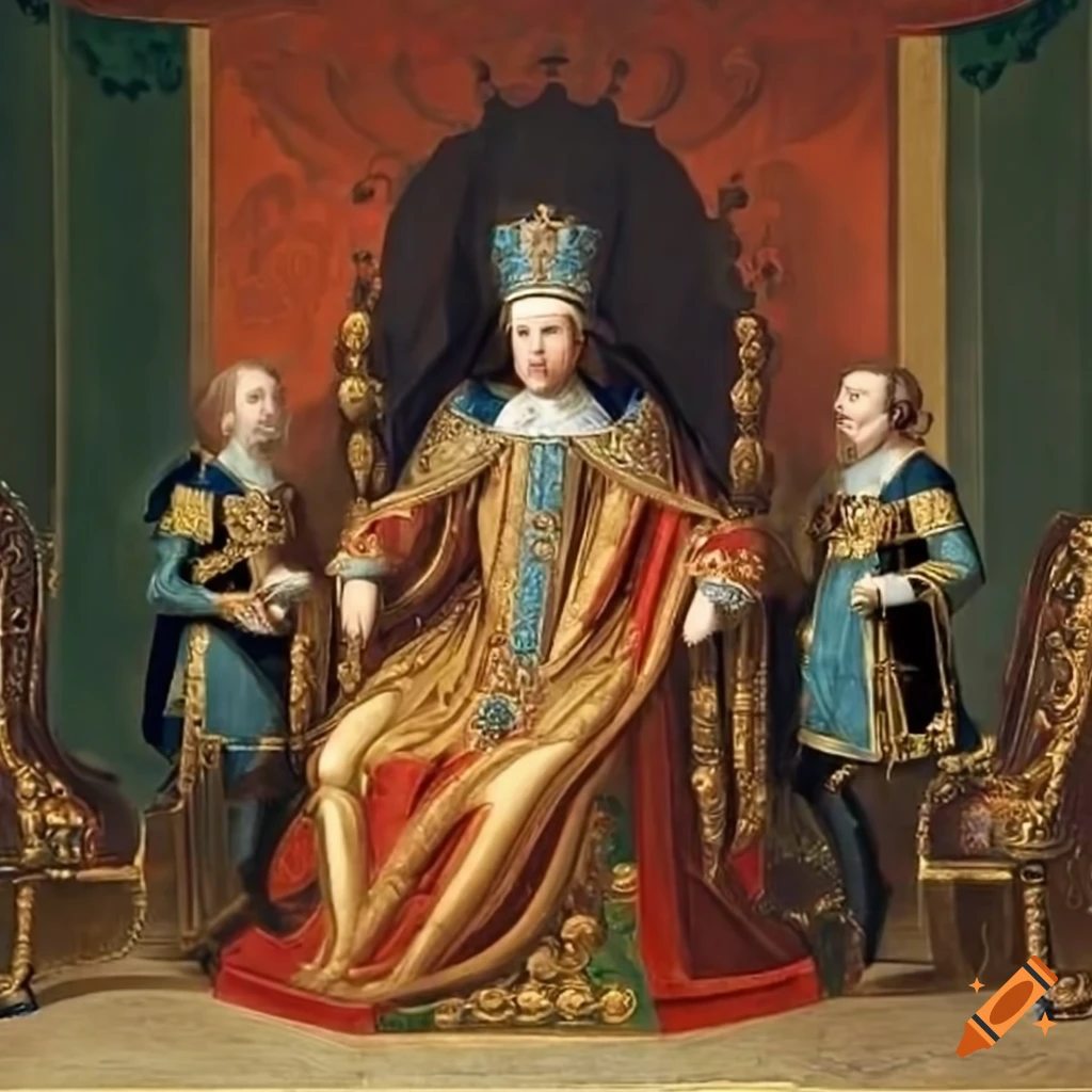 Ruler in ornate royal robes sitting on a grand throne surrounded by ...