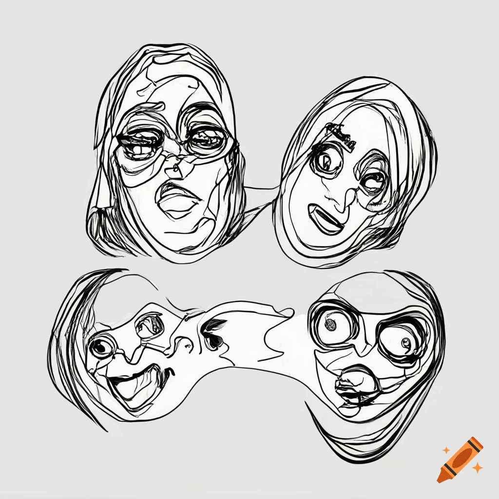 Top view of four people with crazy expressions in single-line style on ...