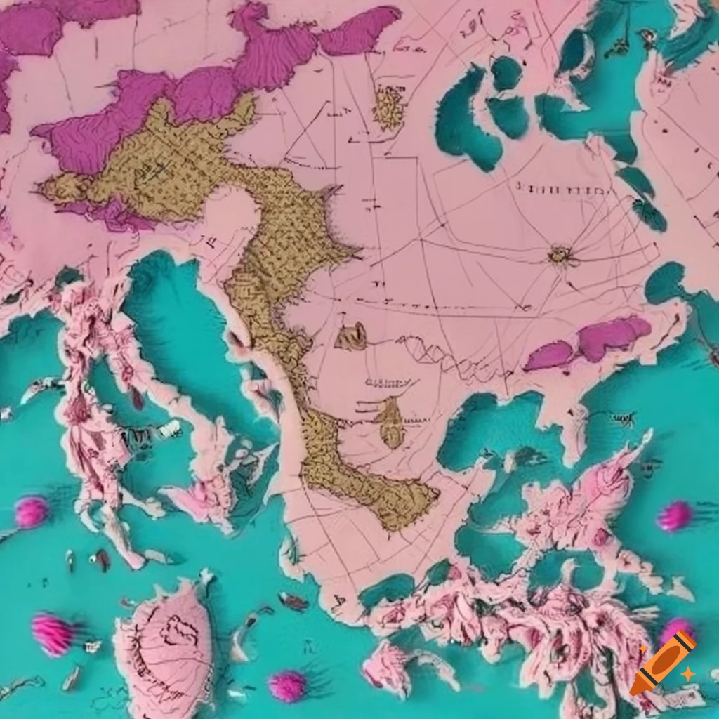 Geographical map of a pink yarn fantasy world on Craiyon