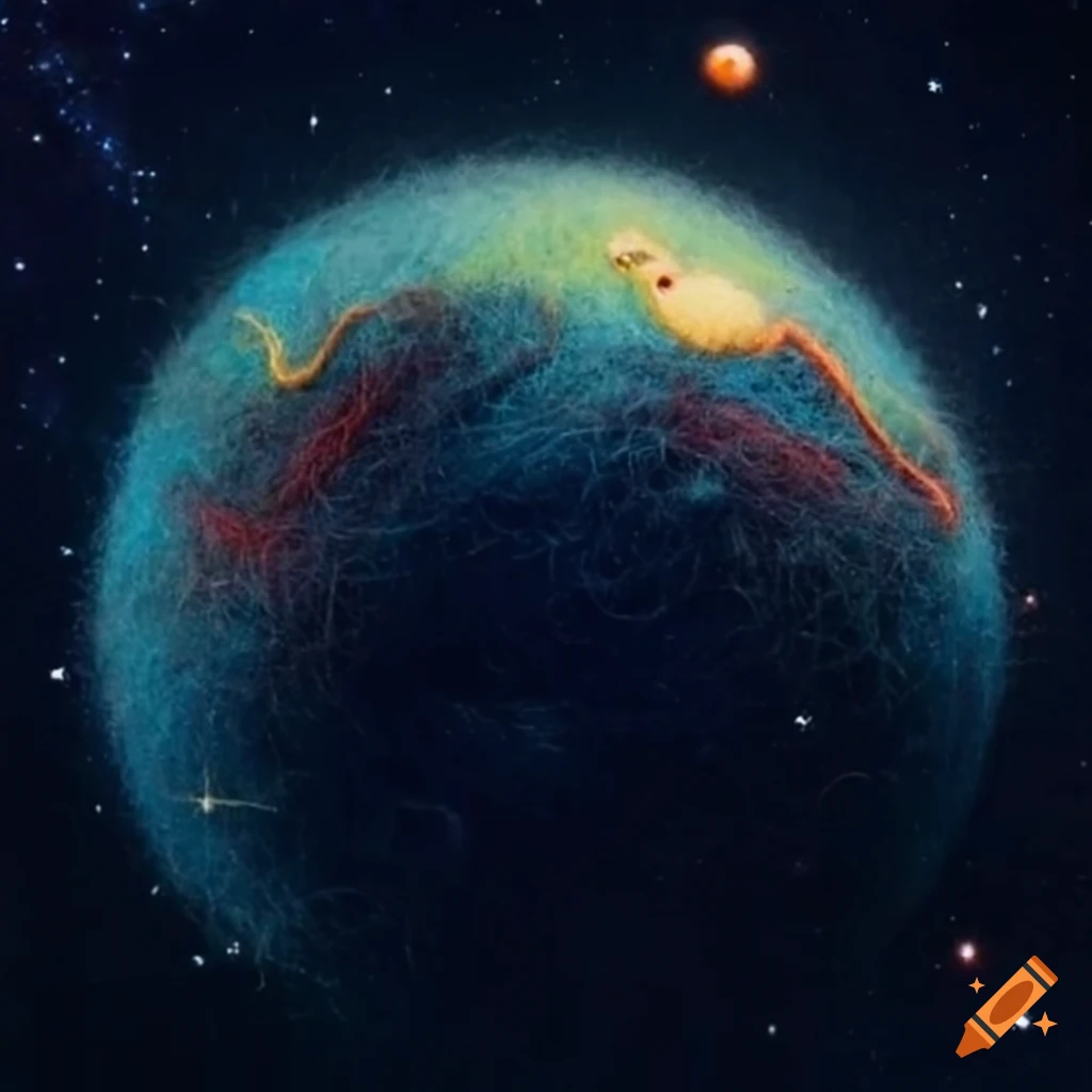 Needle wool felt depicting a fantastic voyage in inner space with a sci ...