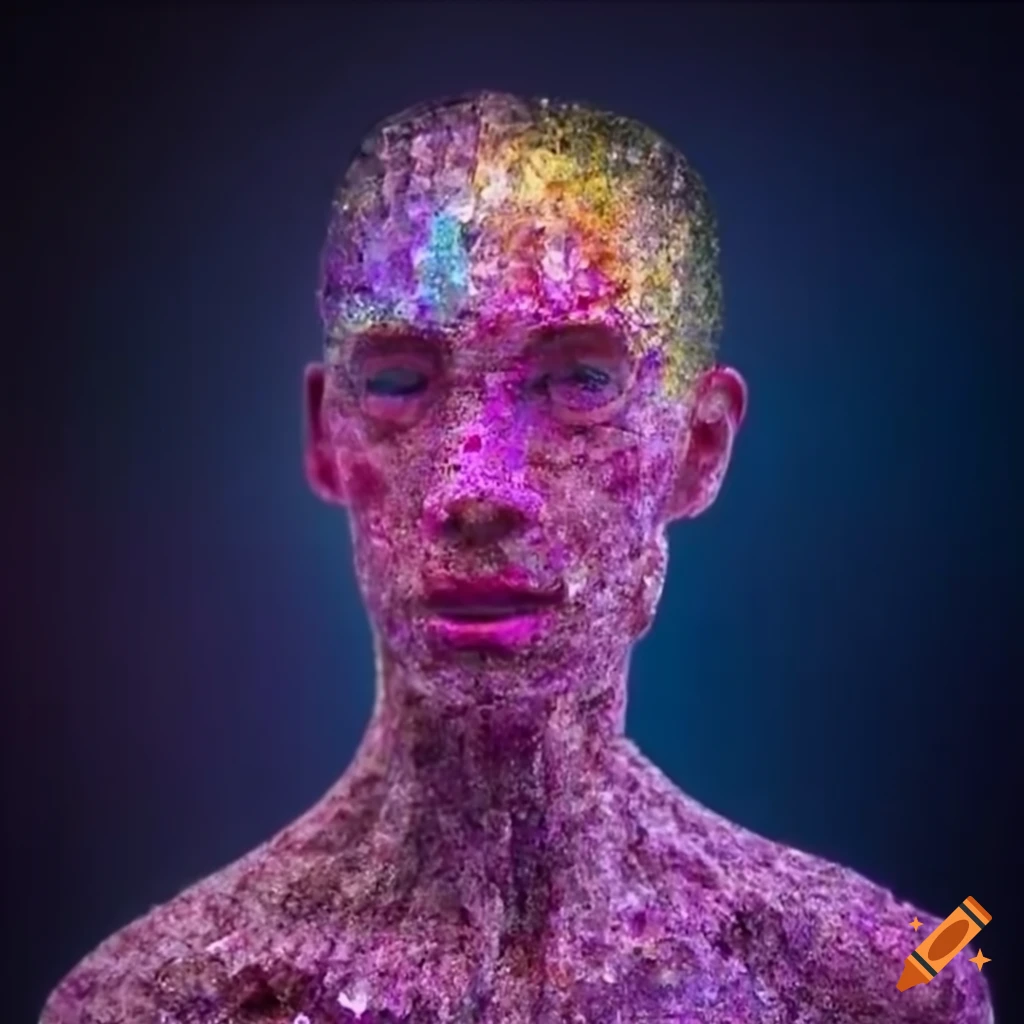 Photorealistic image of a man made of multicolored triangular crystals ...