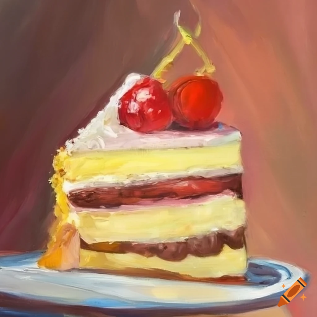 Delicious slice of cake in an oil painting on Craiyon