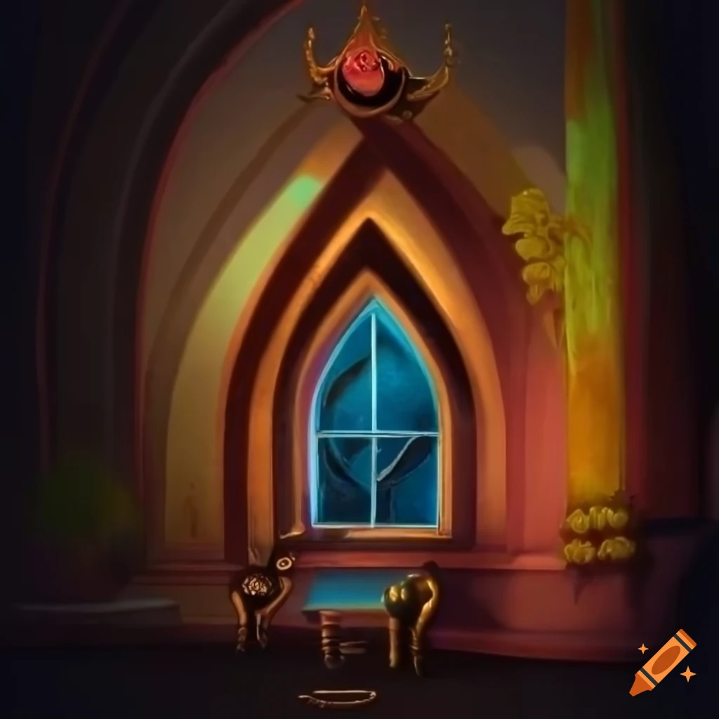 Colorful cheerful throne room with vitrage window and frog on Craiyon