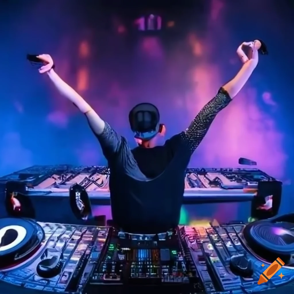 Skillful dj performing at a techno party with stunning visual effects ...