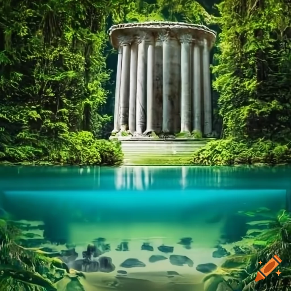 Marble statue of a goddess mermaid surrounded by Roman columns and lush ...