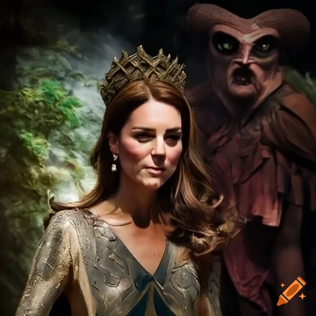 Kate middleton in superhero costume surrounded by mystical creatures on ...