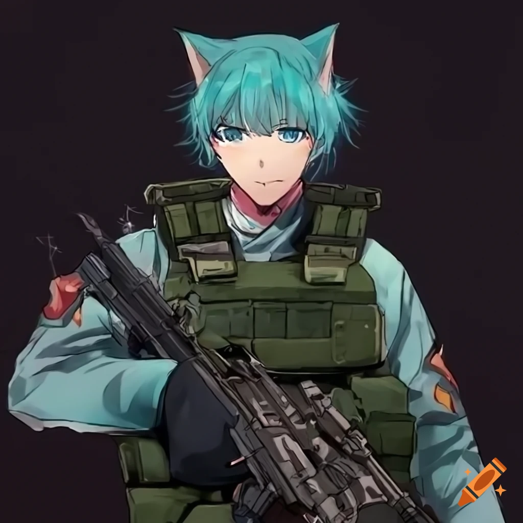 Anime character in military medic clothing with cyan cat features on ...