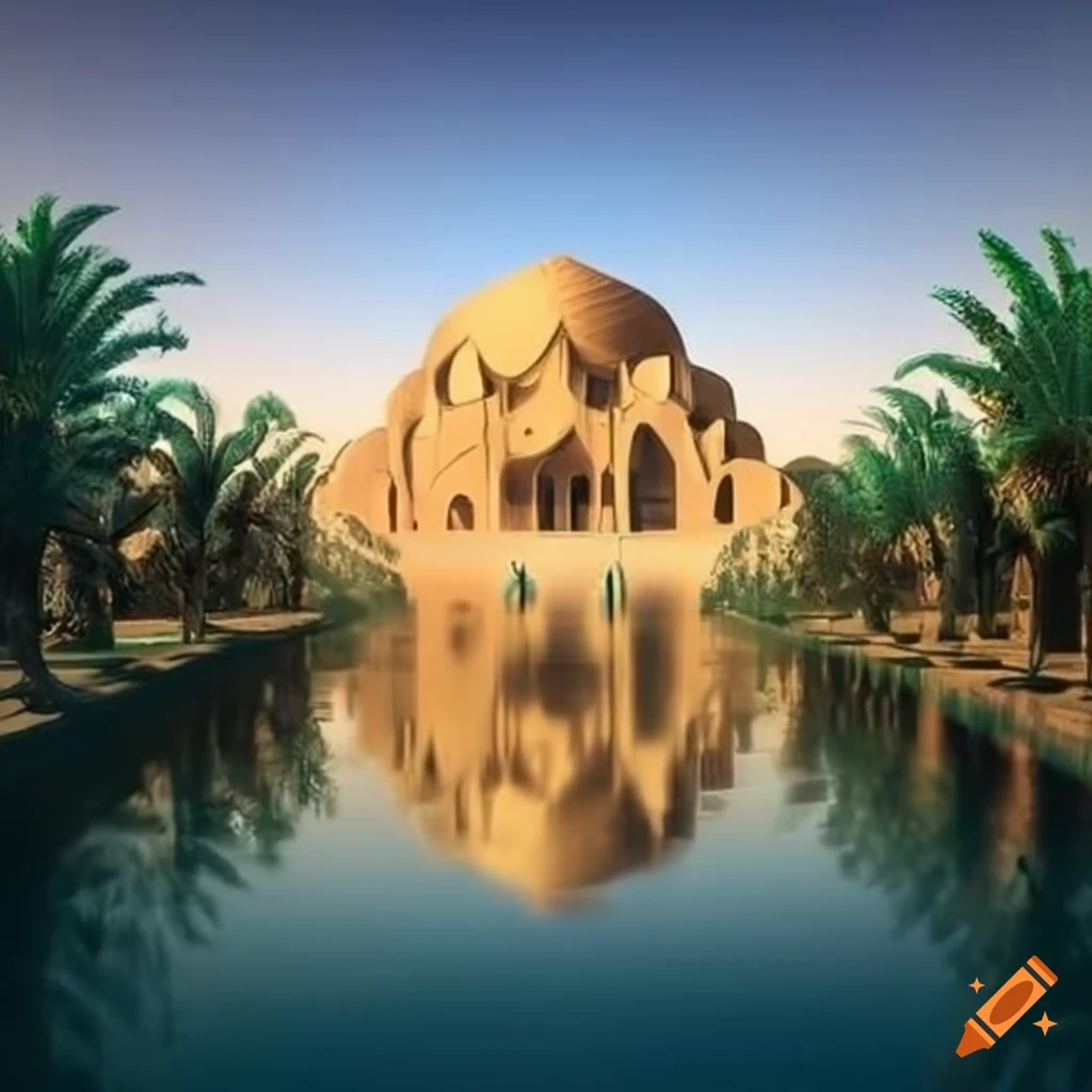 Futuristic palace with Islamic and Egyptian architecture in a lush ...