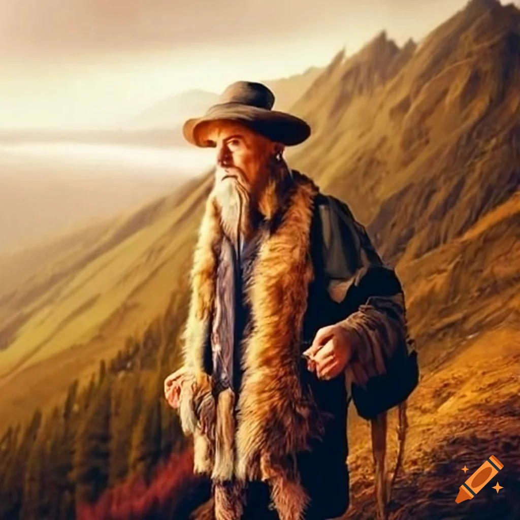 Mountain man in fur trade era outdoors during summer on Craiyon