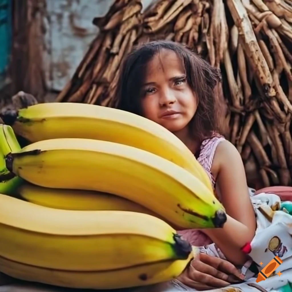 Girl in captivity with a pile of bananas on Craiyon