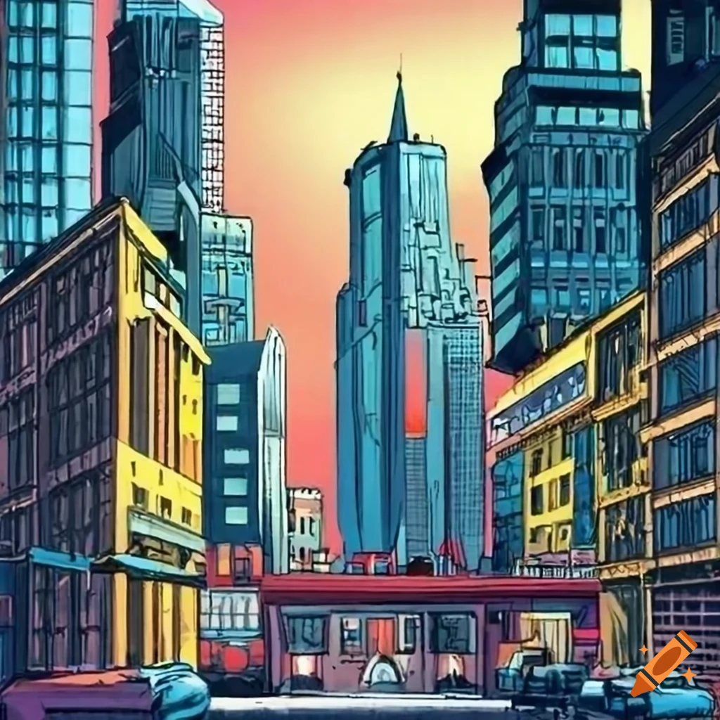 City buildings in a 1990's comic book style on Craiyon