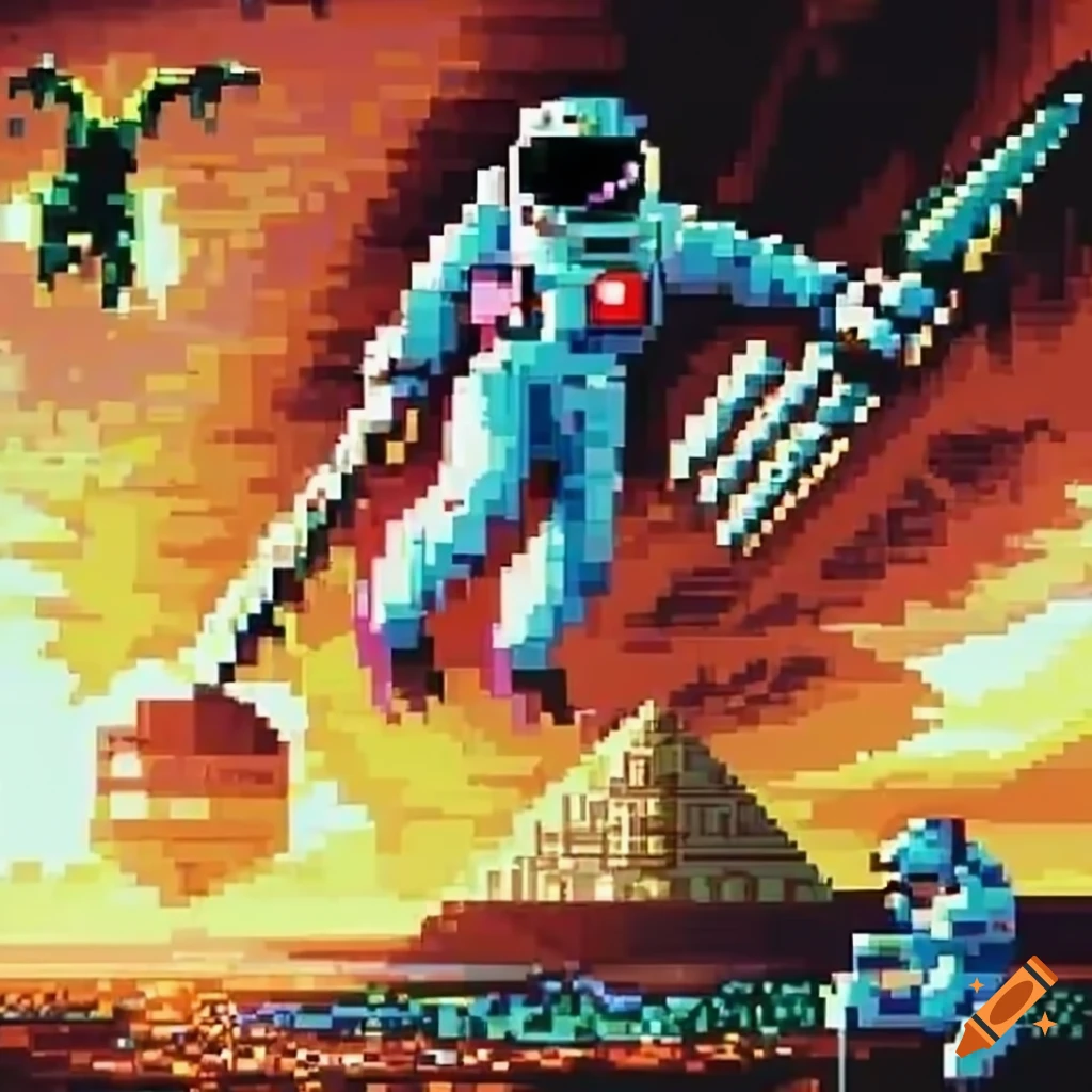 '80's 8-bit nes retro nintendo game with heroic astronaut soldiers ...