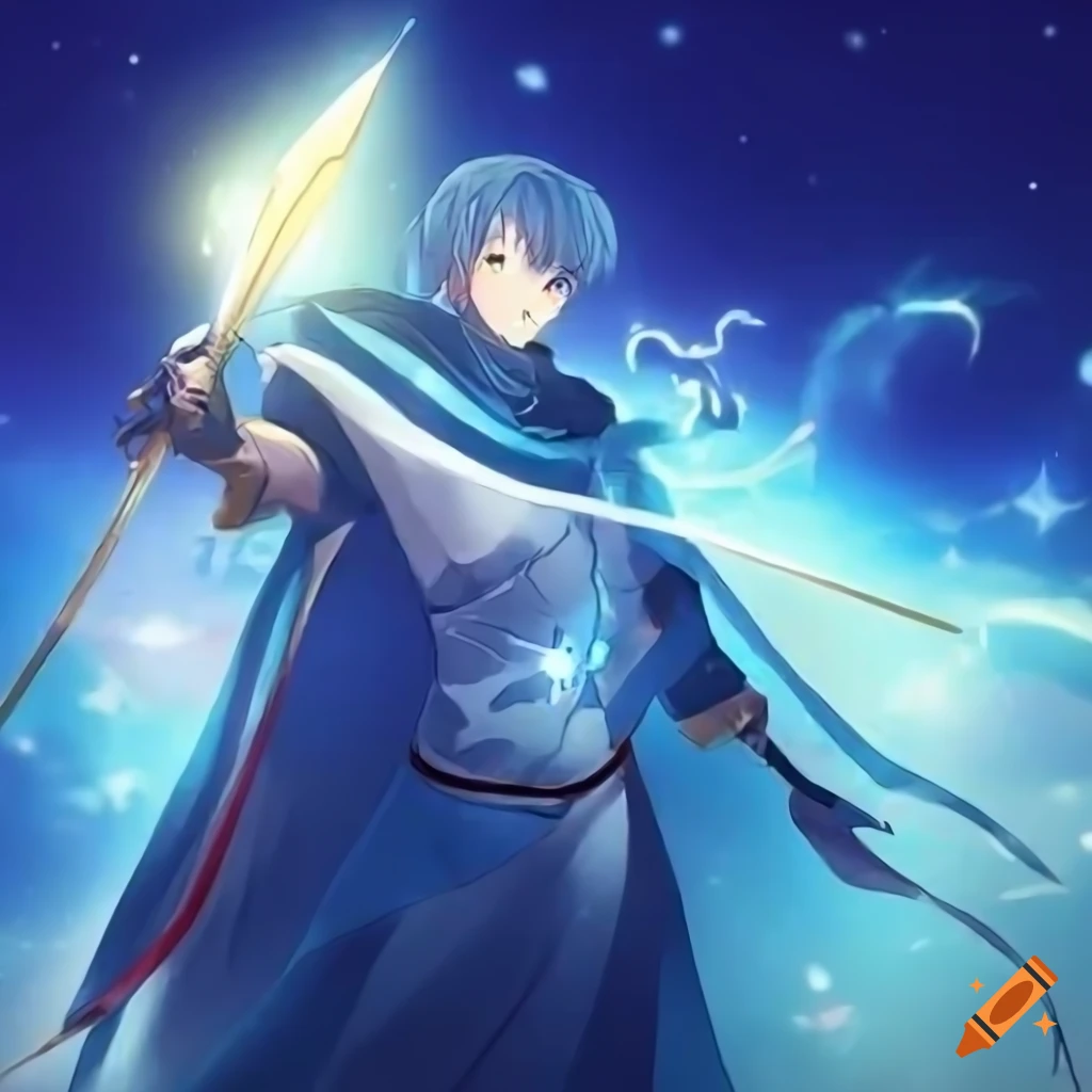 Anime character with a spear in celestial radiant light on Craiyon