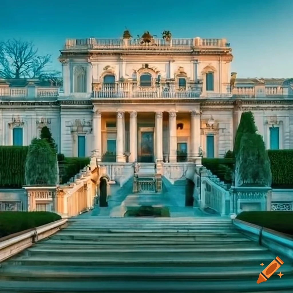 Grand marble mansion with staircase and diverse garden on Craiyon