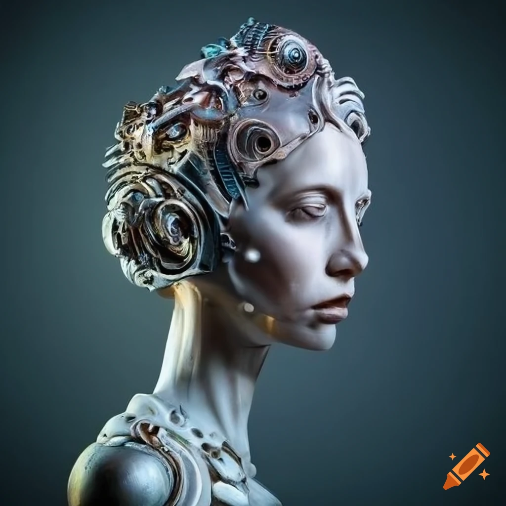 Mixed media biomechanical sculpture depicting a female head on Craiyon