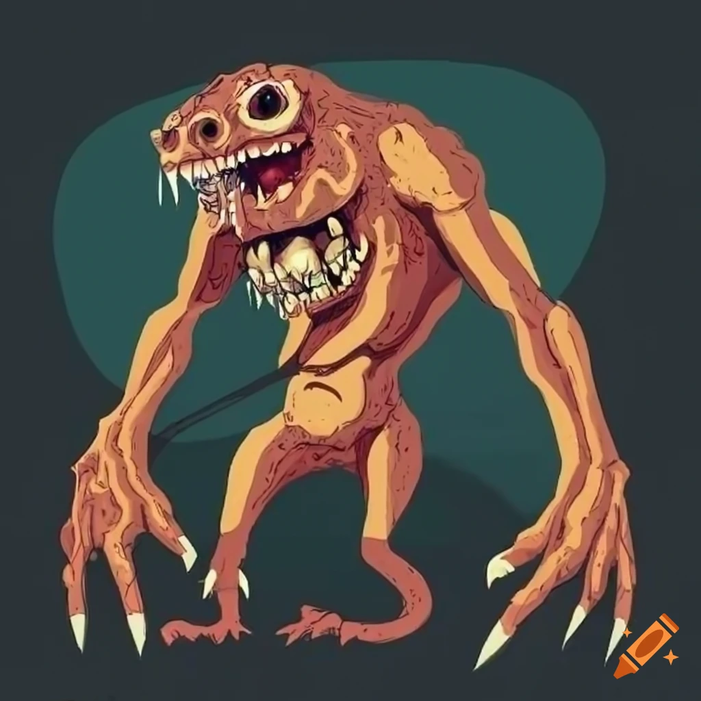 Lanky two-legged monster with sharp teeth in a graphic novel style art ...