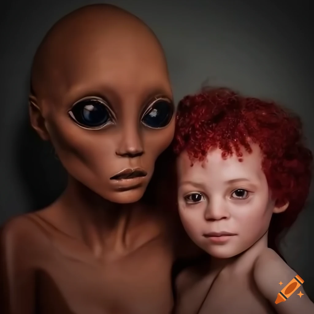 Realistic photo of a humanoid alien mother and children with unique ...
