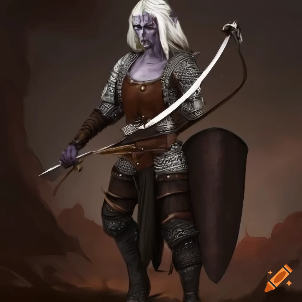 Male drow in light leather armor with a shield and long bow on Craiyon