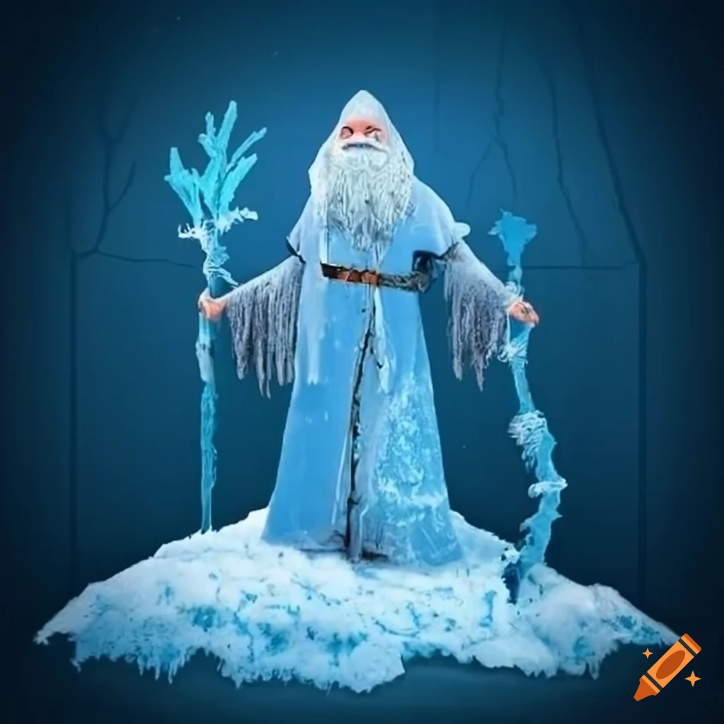 Frost wizard standing in the frozen mountains on Craiyon