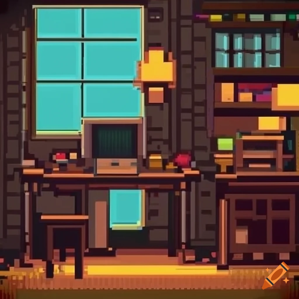 Pixel art style depiction of a desk with a PC in an old game player ...