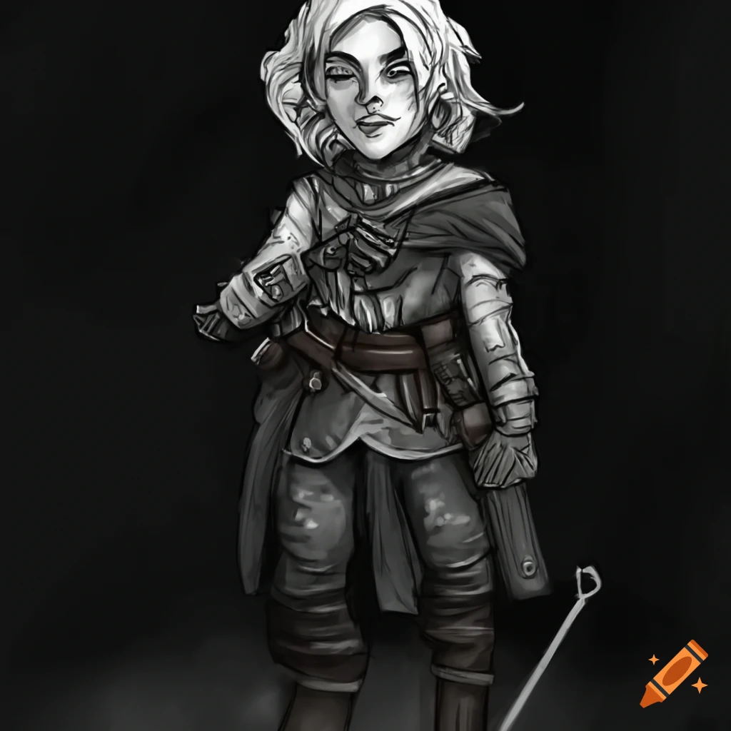 Black and white drawing of a halfling rogue dnd character on Craiyon
