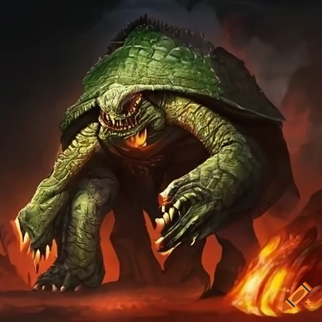 Giant bipedal turtle kaiju defending earth with laser beams in ...