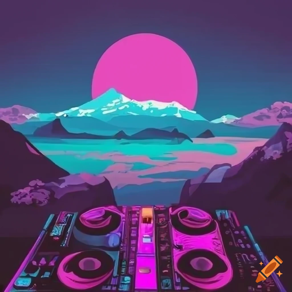 Cyberpunk style dj party poster with grapes, beach, and mountains theme ...