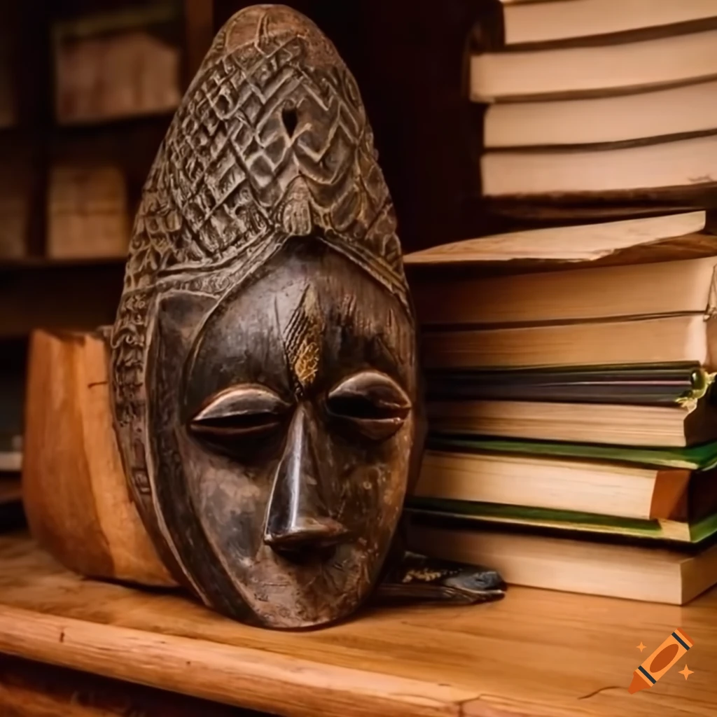 Intricately carved antique African mask on wooden desk with books in ...