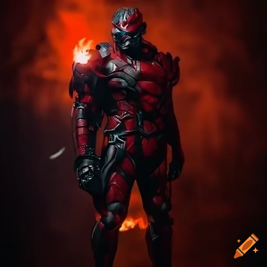 Infernal arbiter: superhero in black and crimson combat suit with flame ...