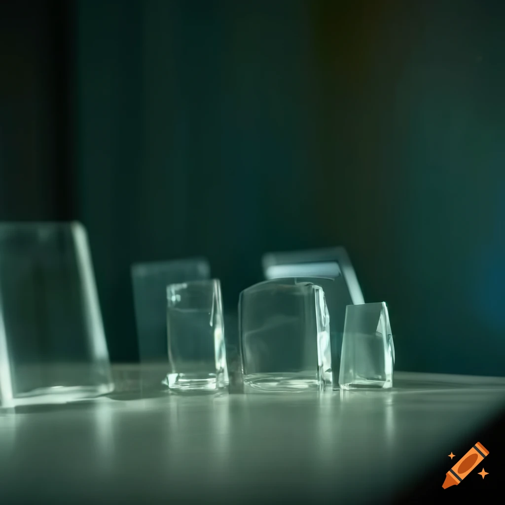 Glass objects on table near window in dark hotel room on Craiyon