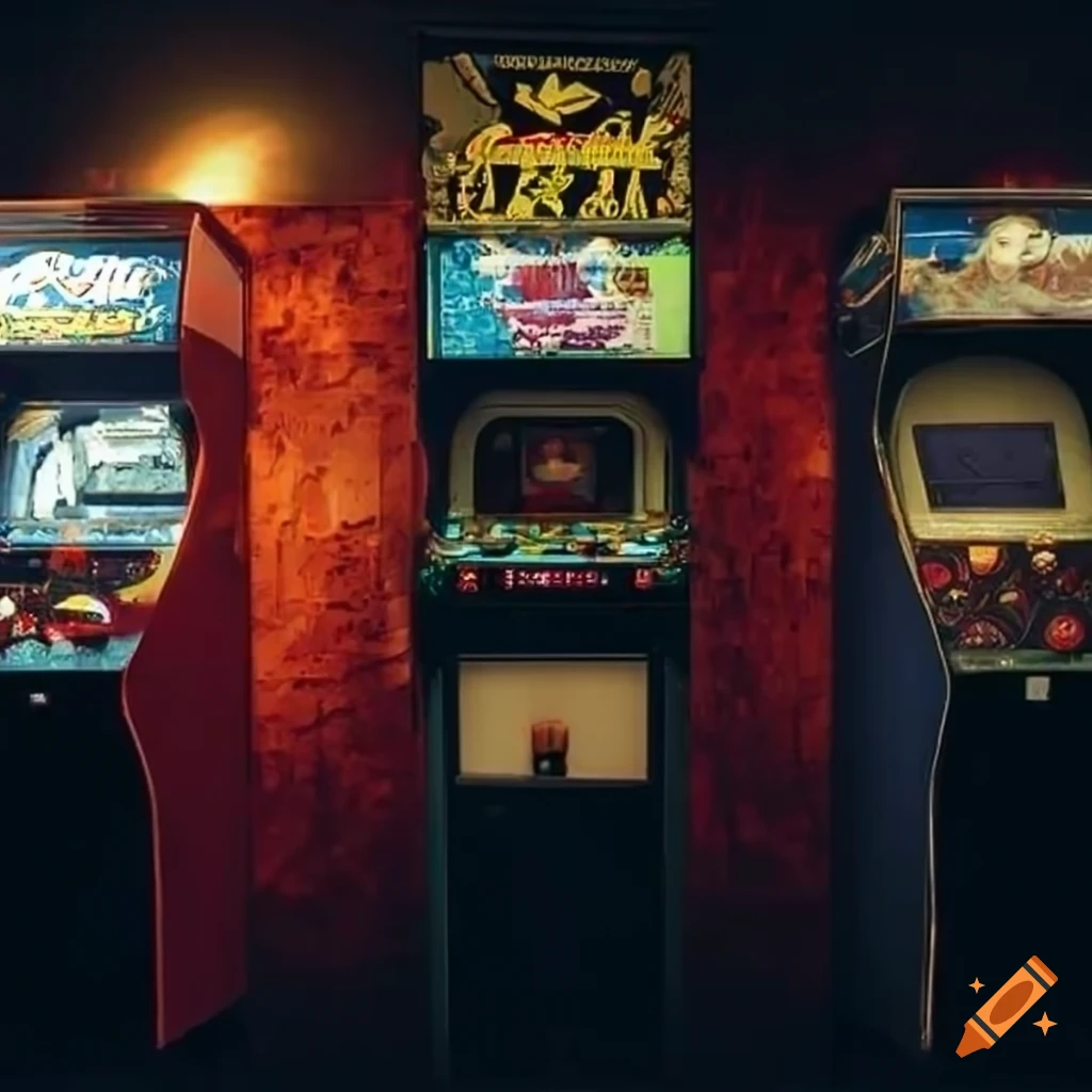 Wide old school arcade filled with arcade machines on Craiyon