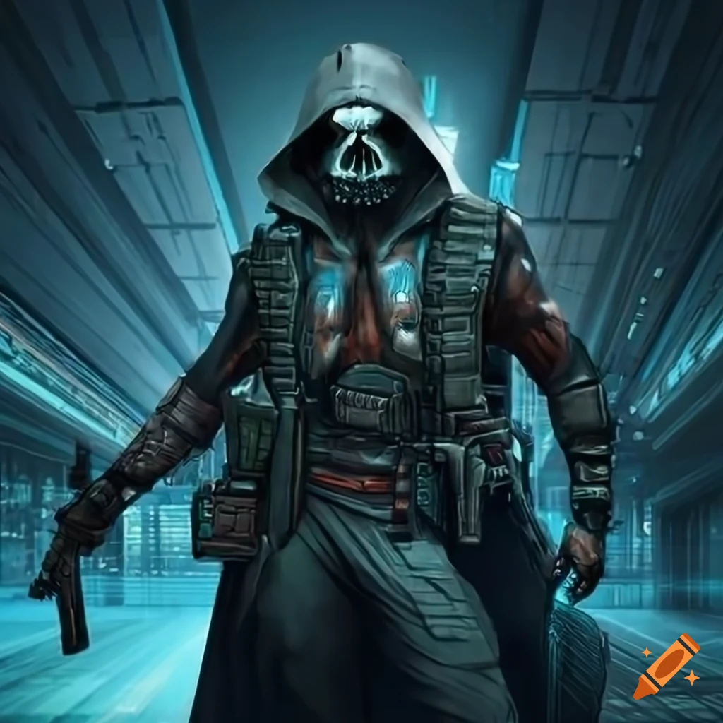 Cyberpunk bounty hunter with skull mask overlooking futuristic ...