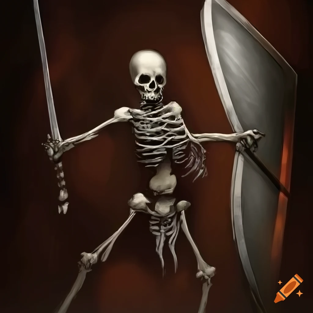 Detailed fantasy game illustration of a skeleton with a sword and shield on Craiyon