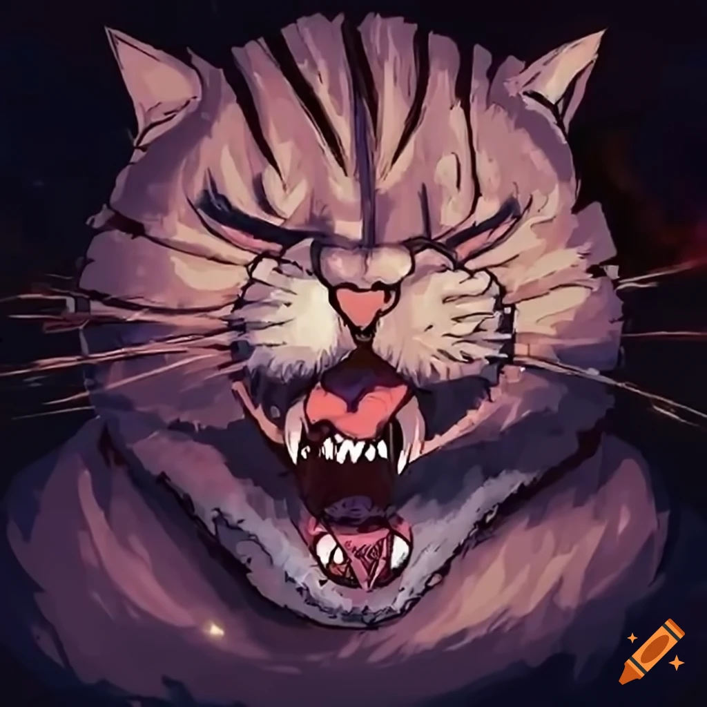 Angry fat cat anime kingpin roaring and destroying the world on Craiyon