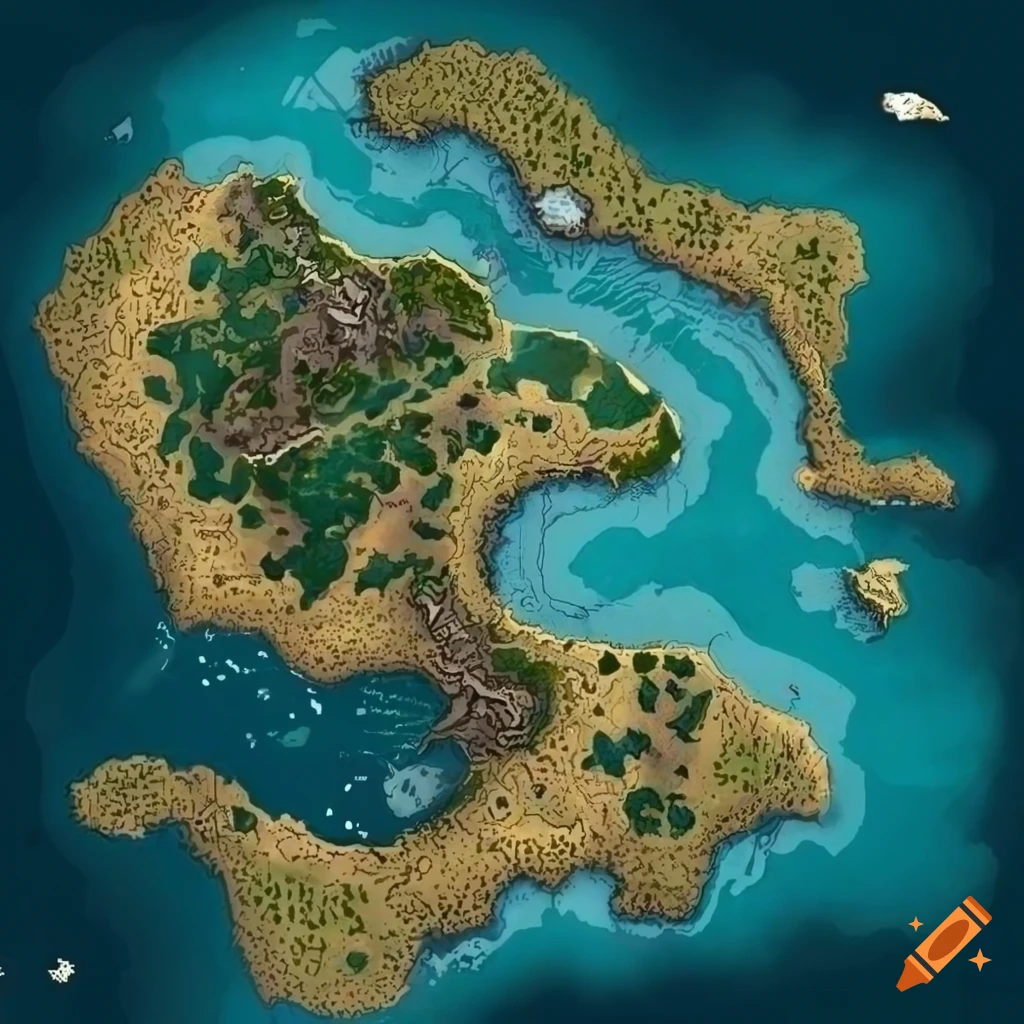 Fantasy world map with forest, water, mountains, and cliffs on Craiyon