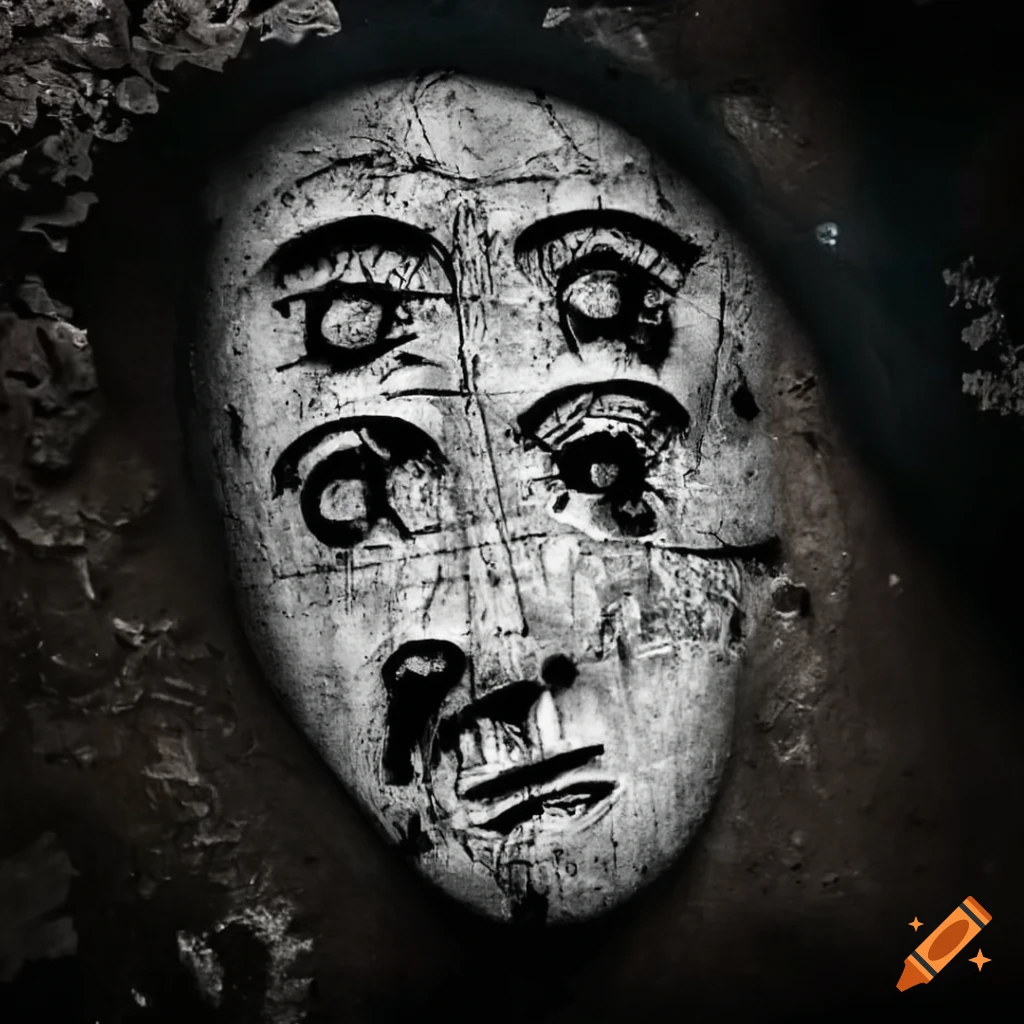 Primitive graffiti faces etched on walls in black and white on Craiyon