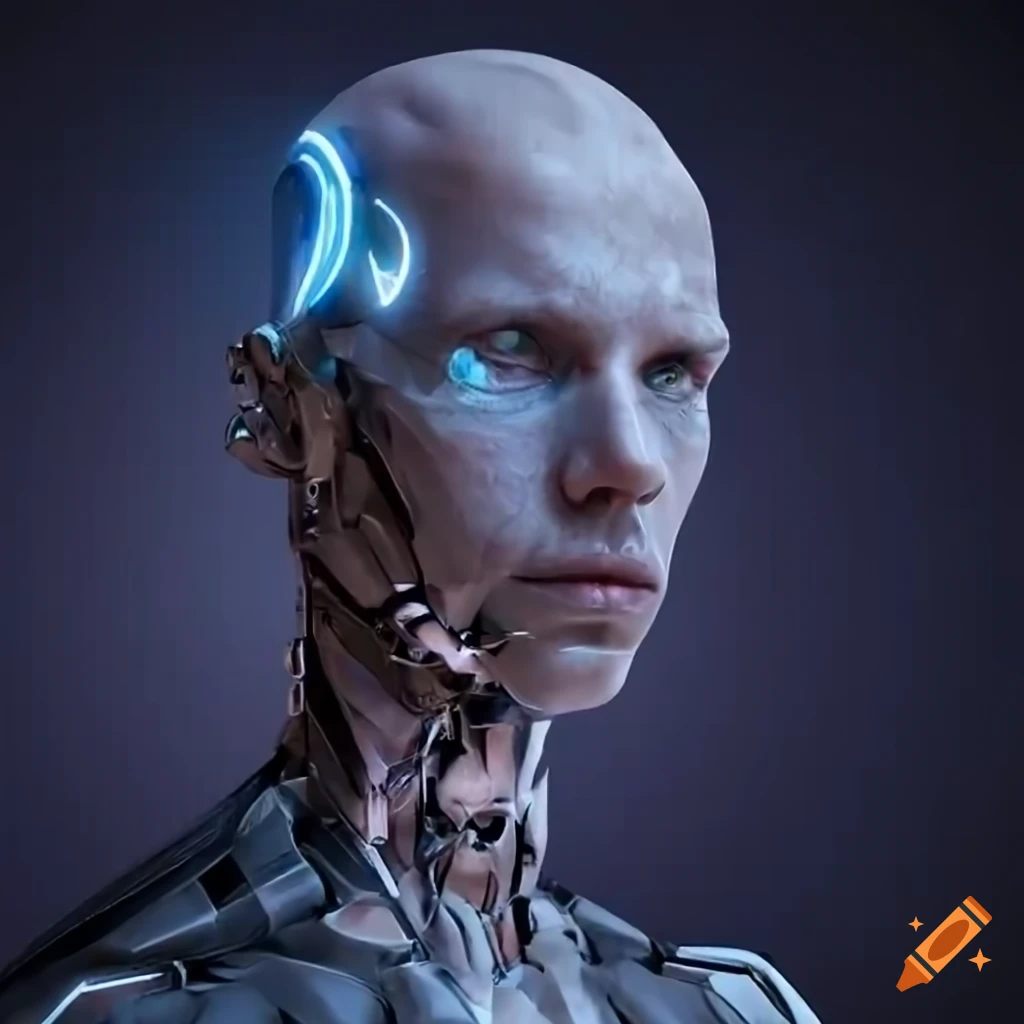 Photorealistic illustration of a glowing polygonal-line cyborg on Craiyon