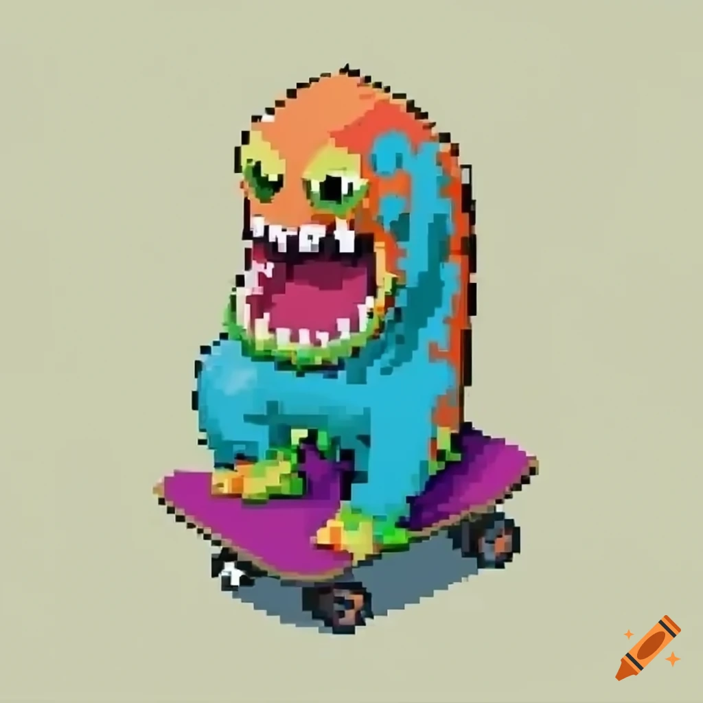 Isometric pixel art of a monster skateboarding on Craiyon